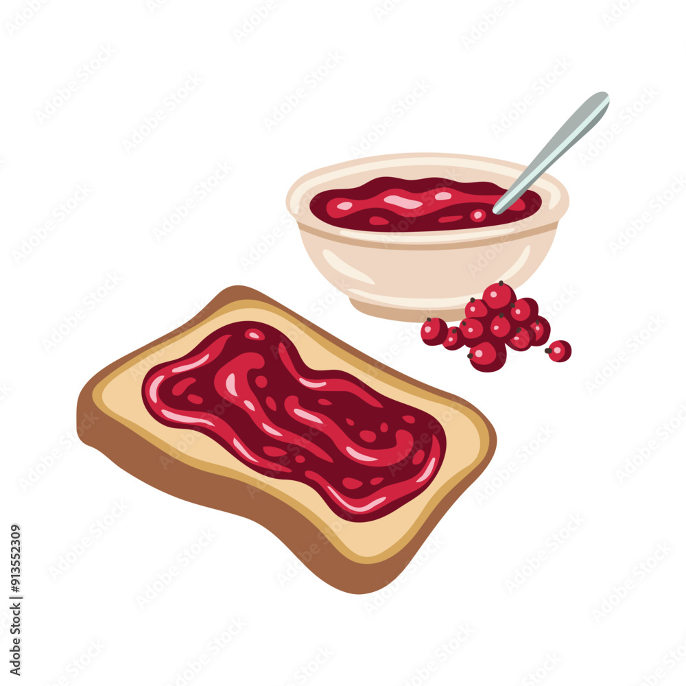 Vector isolated element. Toast with berry jam. A bowl of jam. Berry jam ...