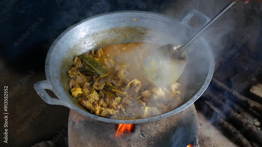 The process of cooking Rendang on a Earthenware furnace or tungku ...