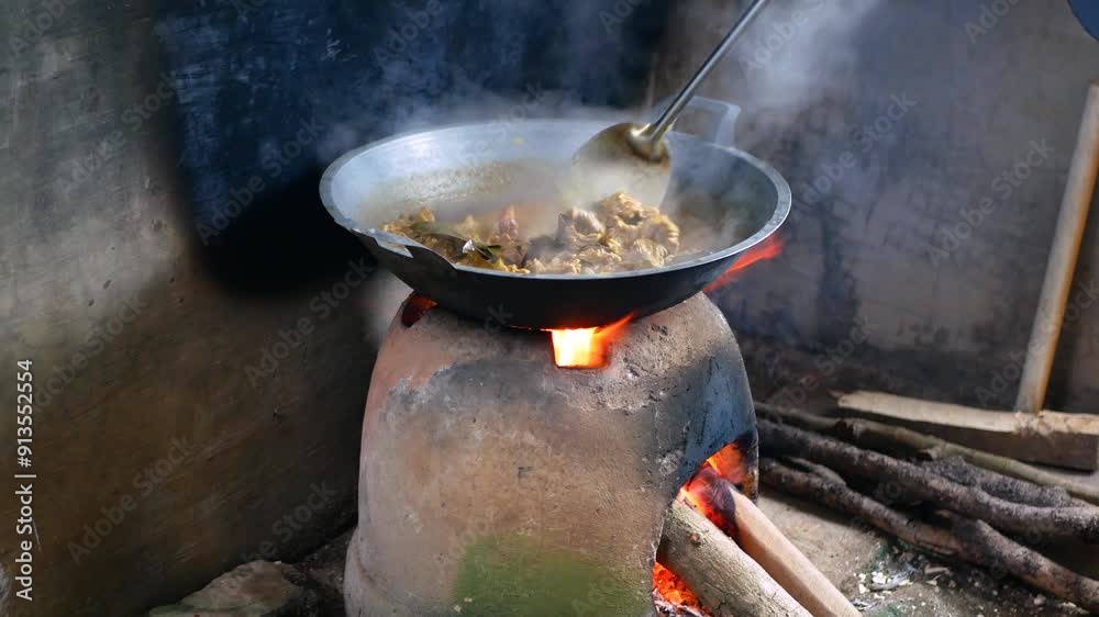 The process of cooking Rendang on a Earthenware furnace or tungku ...