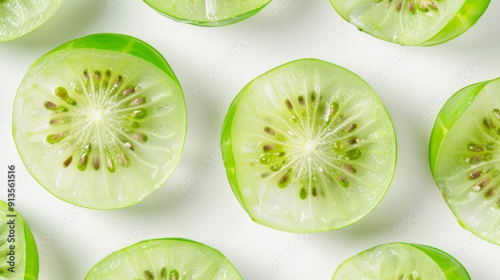 Close-up of gooseberry slices, each revealing the detailed seeds and ...