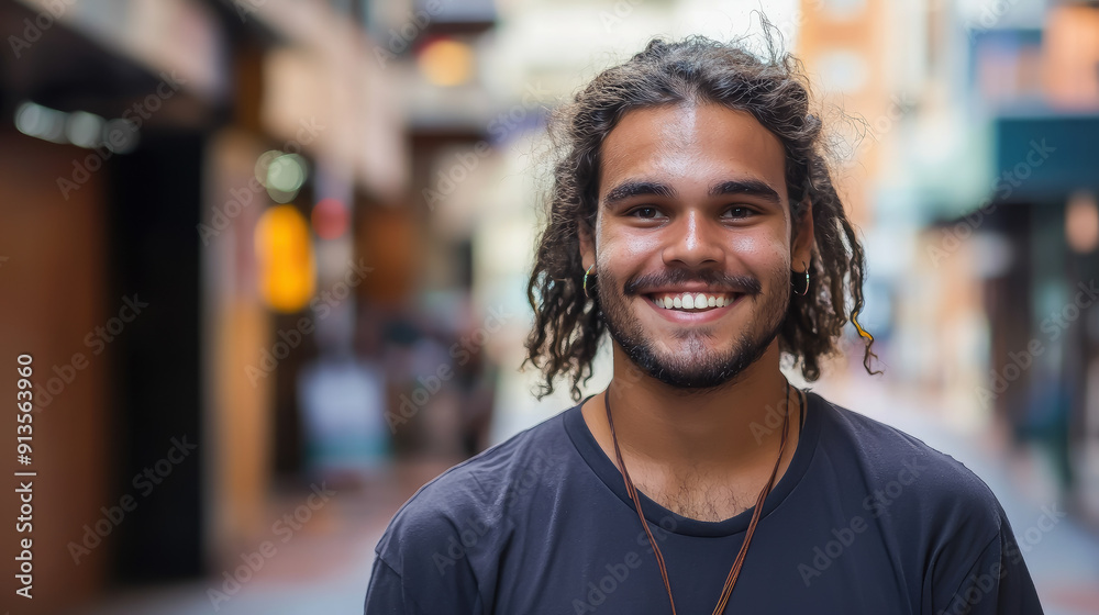 young smiling Australian aboriginal guy in casual clothes on city ...
