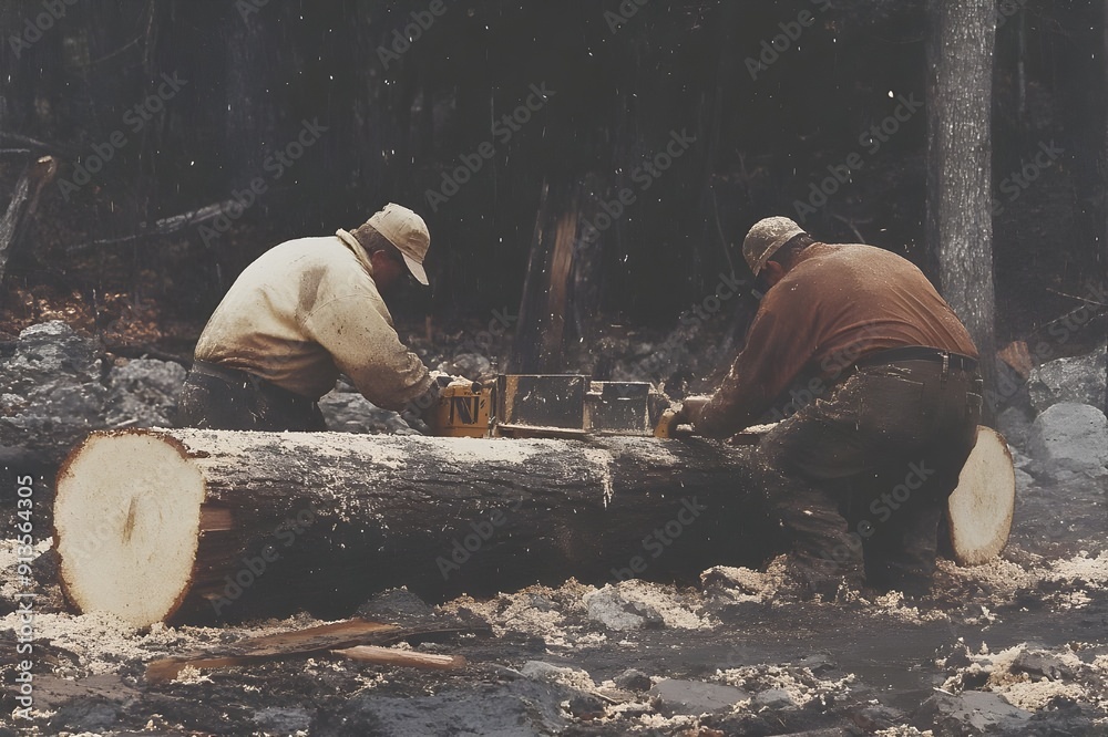 editorial photography, loggers sawing bucking trees in a forest, logging industry Stock Photo ...