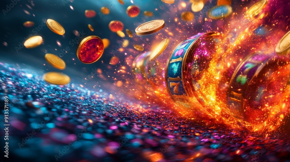 Detailed vector art of classic slot reels hitting jackpot, gold coins ...