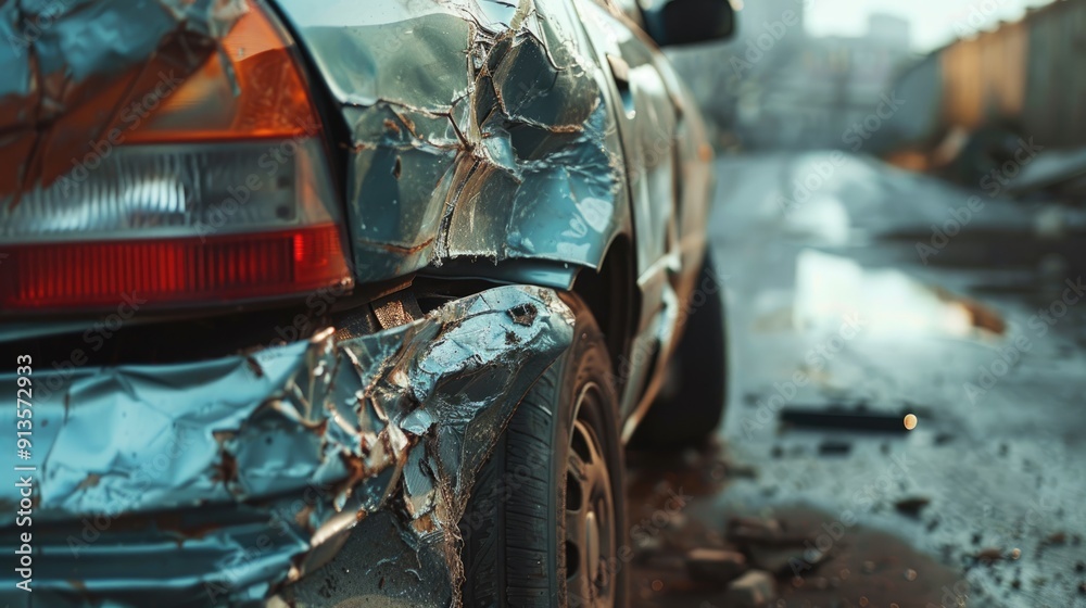 Macro shot of genuine car crash damage, highlighting the crumpled rear ...
