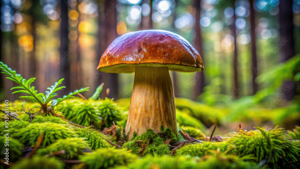 boletus in the autumn forest against the background of trees, yellow ...