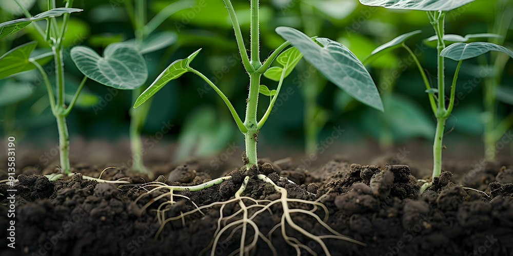 Roots of green soybean plants thriving in soil. Concept Green Soybeans ...