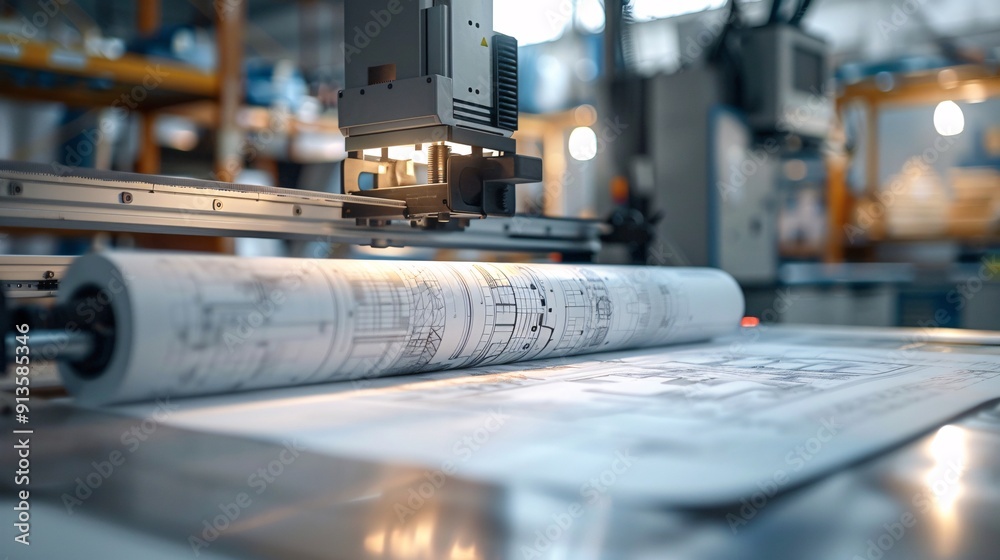 Large format printer in action, printing architectural plans on a roll ...