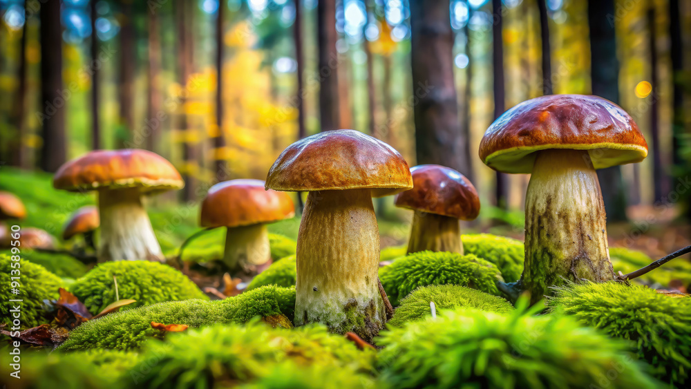 boletus in the autumn forest against the background of trees, yellow ...