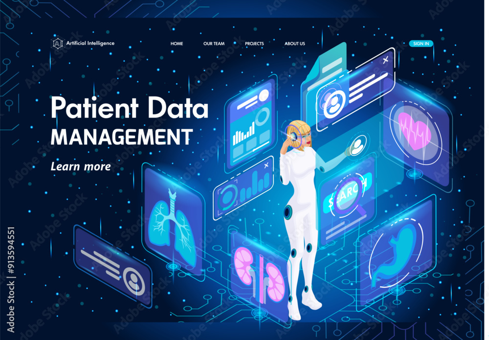 Artificial Intelligence Landing page Isometric. Deep machine learning AI. AI in medicine. AI ...