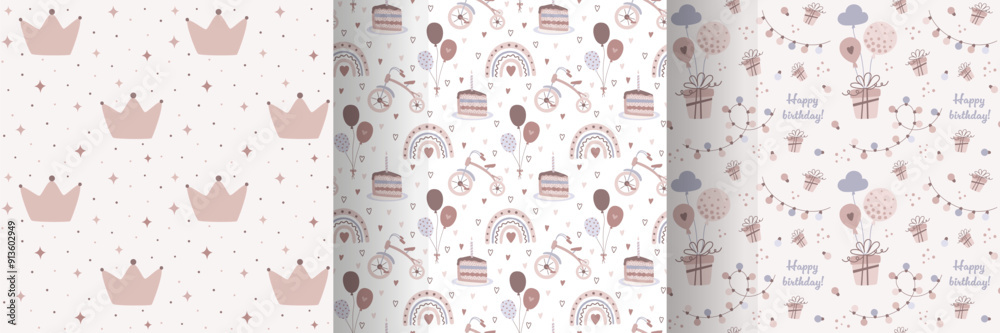 Happy birthday seamless pattern set in flat design. Childrens birthday ...
