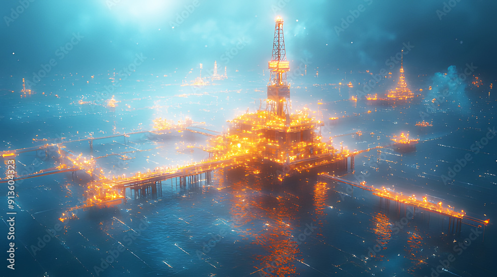 Holographic of digital oil drilling in middle of sea platform display ...