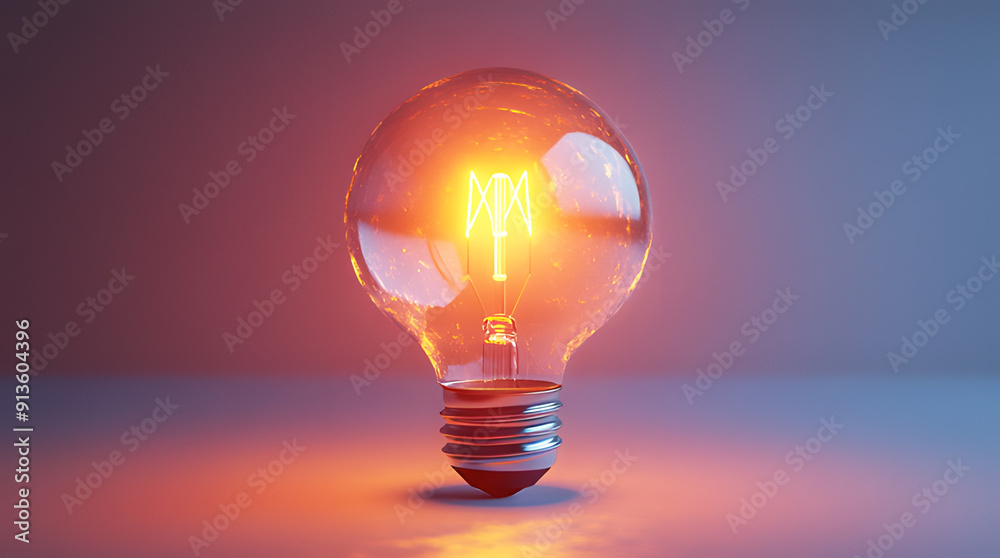 LED creative Light bulb orange bright on grey is background. One ...