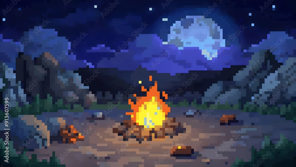 Campfire in forest at night pixel art background. 8-bit game assets ...