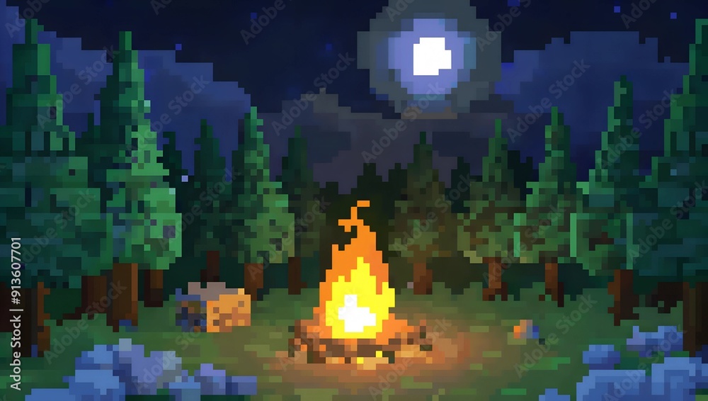 Campfire in forest at night pixel art background. 8-bit game assets ...