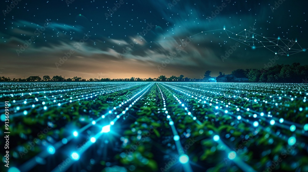 Nighttime view of a smart farm with a digital grid overlay on crop rows ...
