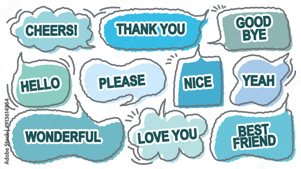 Set of cute blue color dialog box with positive word. Variety of hand ...