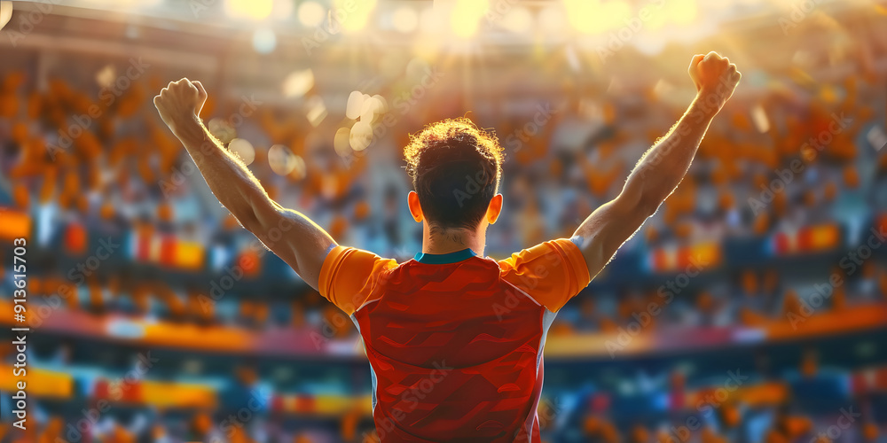 sportsman olympic celebrating victory, with his back turned, blurred ...