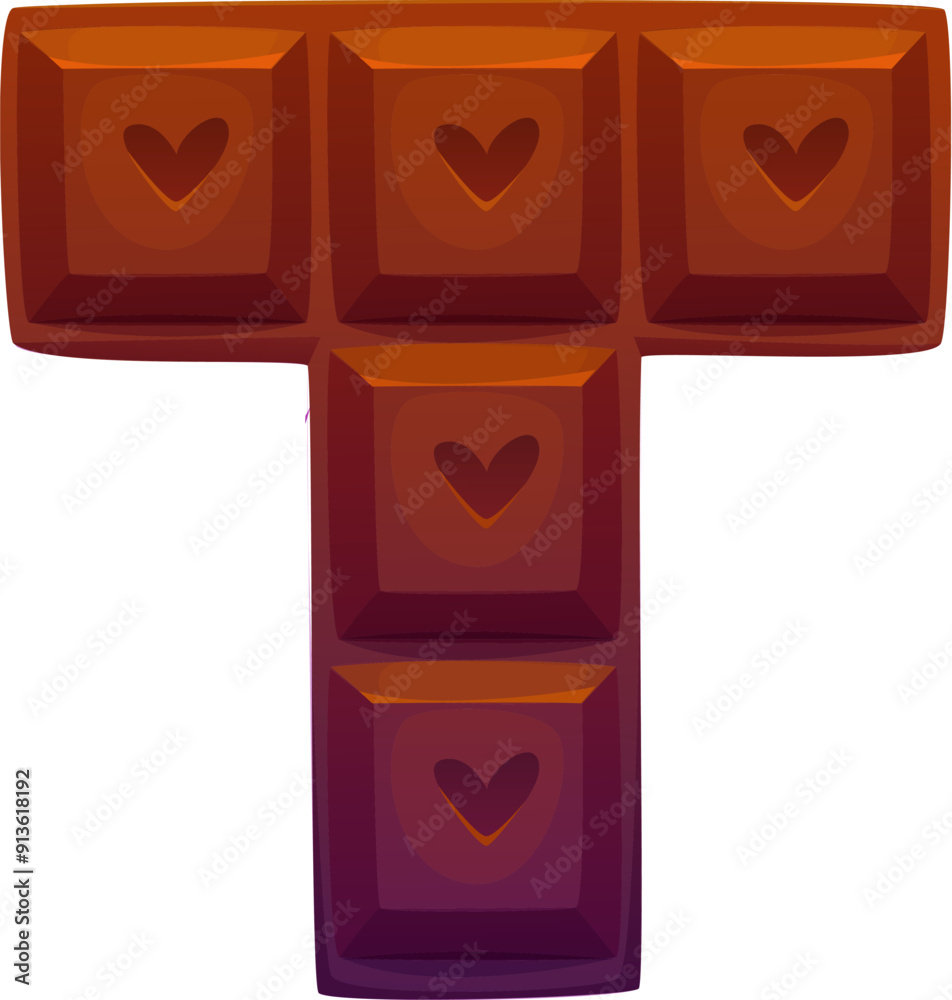 Letter T cartoon chocolate bar with heart shapes on it. Candy ...