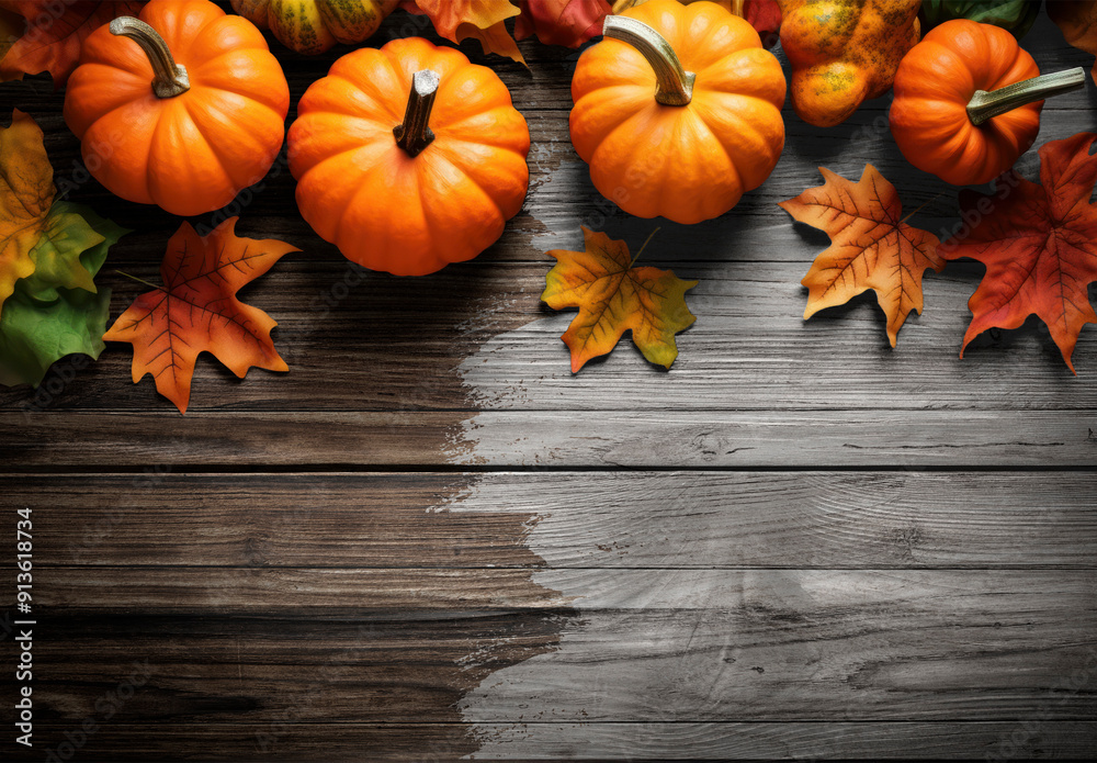 Flatlay Autumn Pumpkin Border Wooden Background Mockup With Generative ...