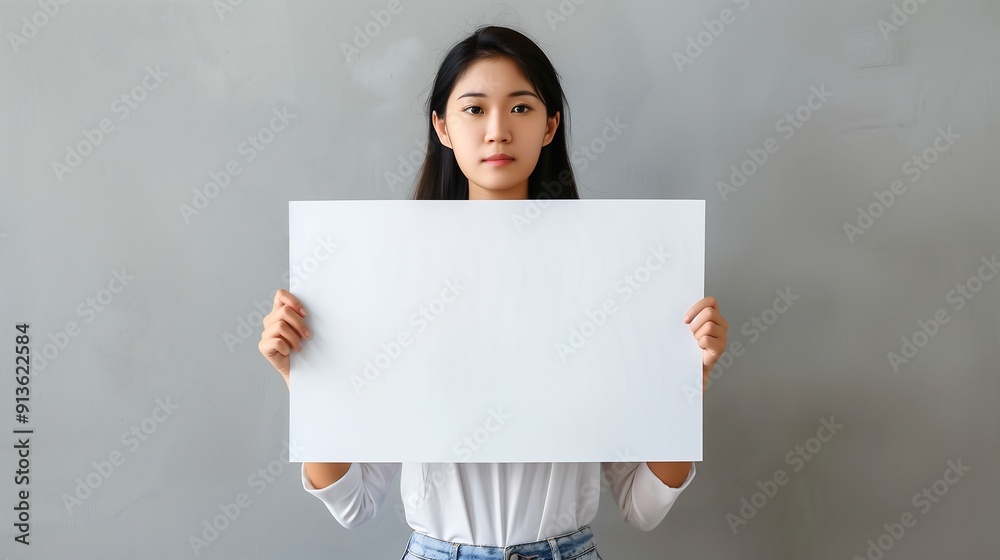 young asian female holding a large empty message board in her both ...