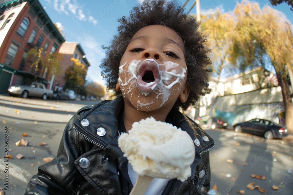 Ice cream is this child's ultimate treat. Little boy adorable afro ...