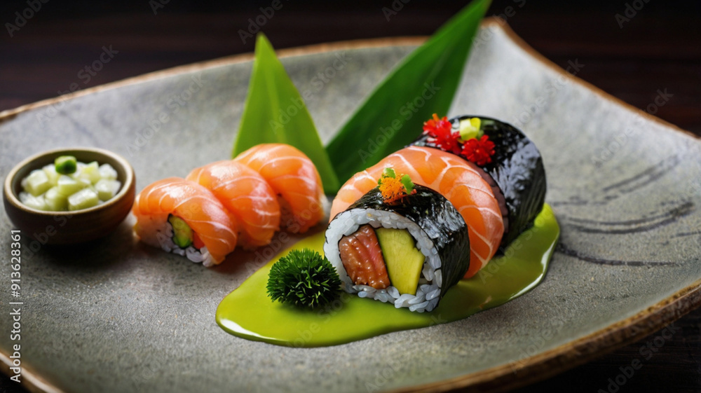 Elegant Sushi Presentation: A meticulously crafted selection of sushi ...
