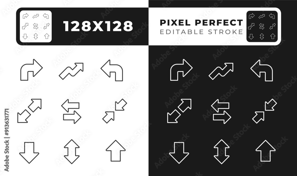 Minimalist arrows linear icons set for dark, light mode. Left and right ...