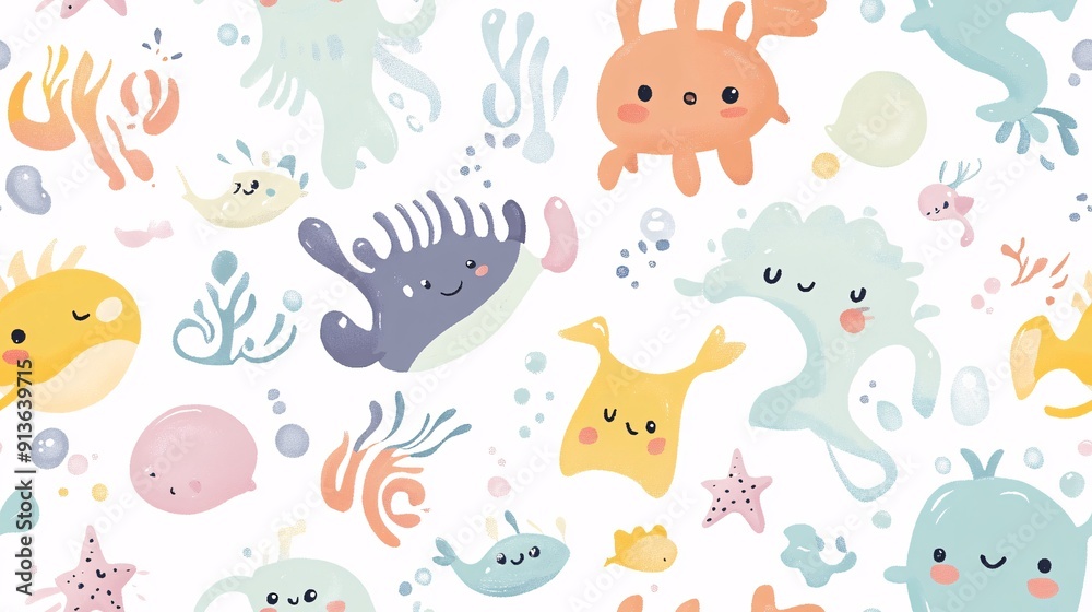 This pattern highlights cute sea monsters and lovable underwater ...