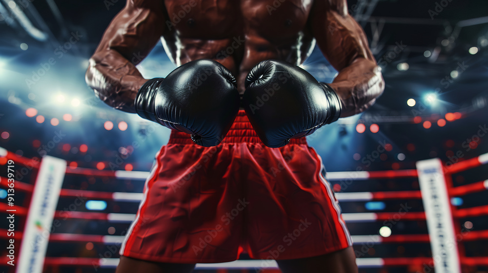 Boxer in the ring wearing red shorts and black gloves, muscular ...