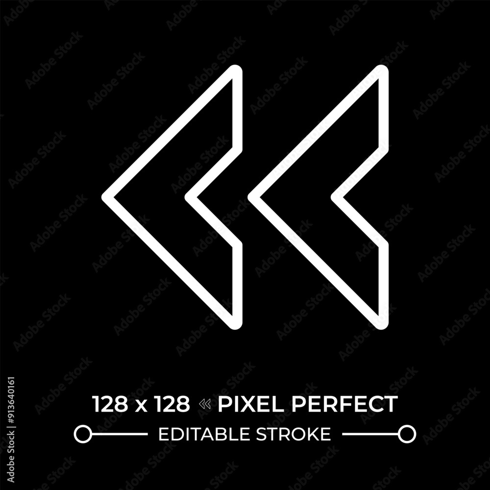 Double left arrow white linear icon for dark theme. Symbolizing rewind, previous or back ...