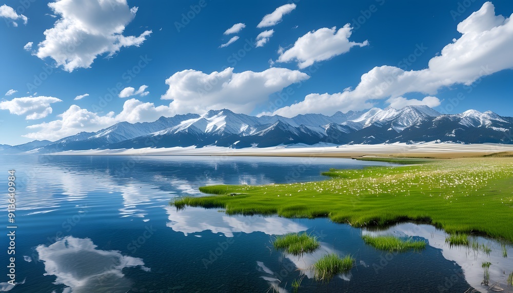 The surface of Selimu Lake is sparkling, the grassland and snow ...