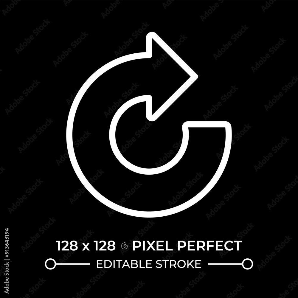 Clockwise arrow white linear icon for dark theme. Representing repeat ...