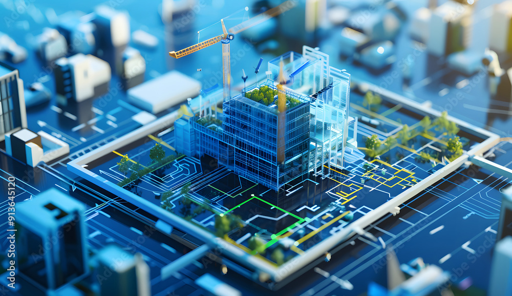 A futuristic architectural model blending nature and technology is ...