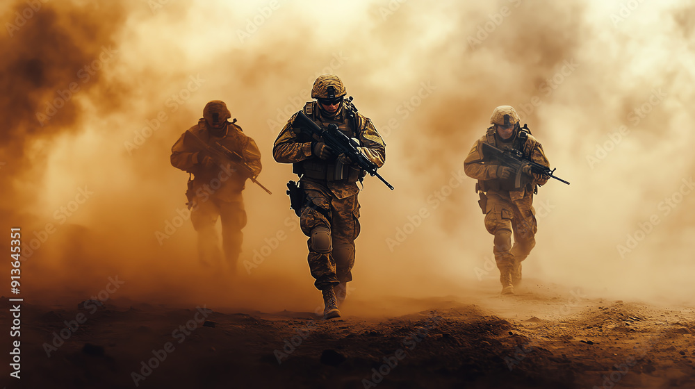 Three soldiers in tactical gear run through a dusty battlefield ...