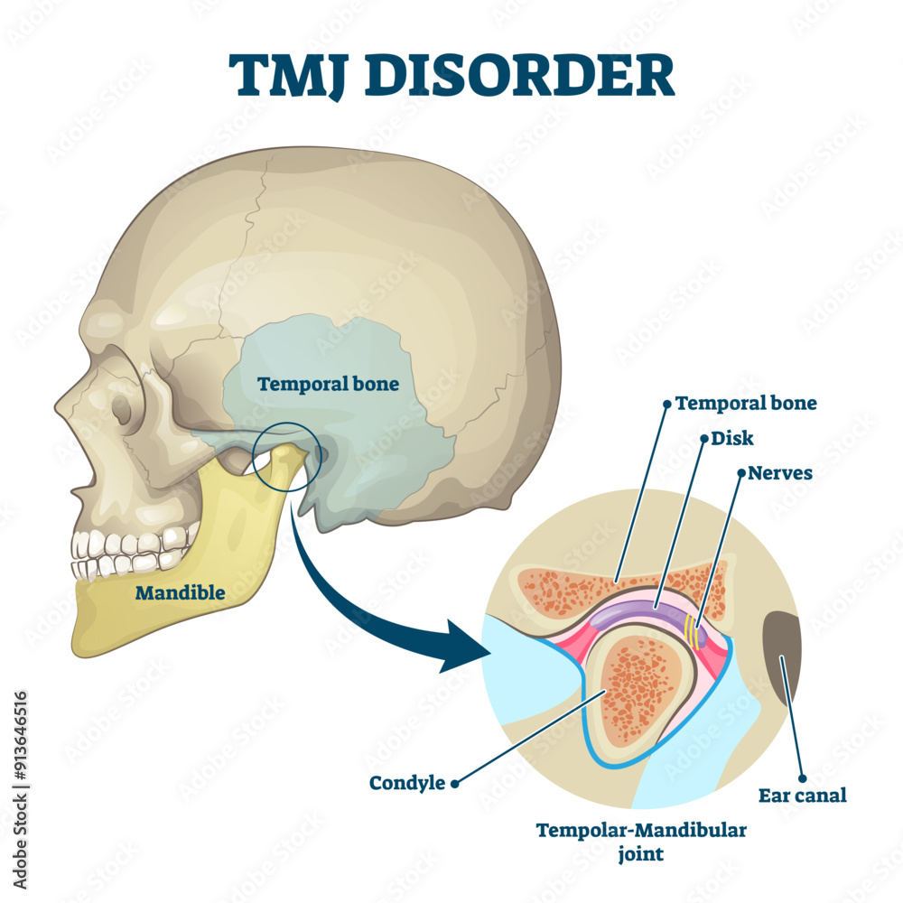 TMJ disorder illustration, transparent background.Labeled jaw condition ...