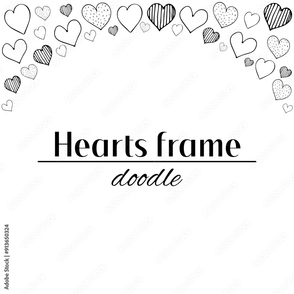 Square up frame of black doodle hand draw hearts. Decorative kid's ...