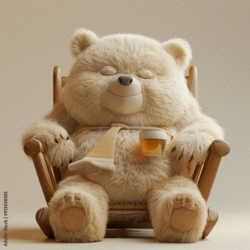3d , cute chubby fluffy bear , a contented expression, Lying on the ...