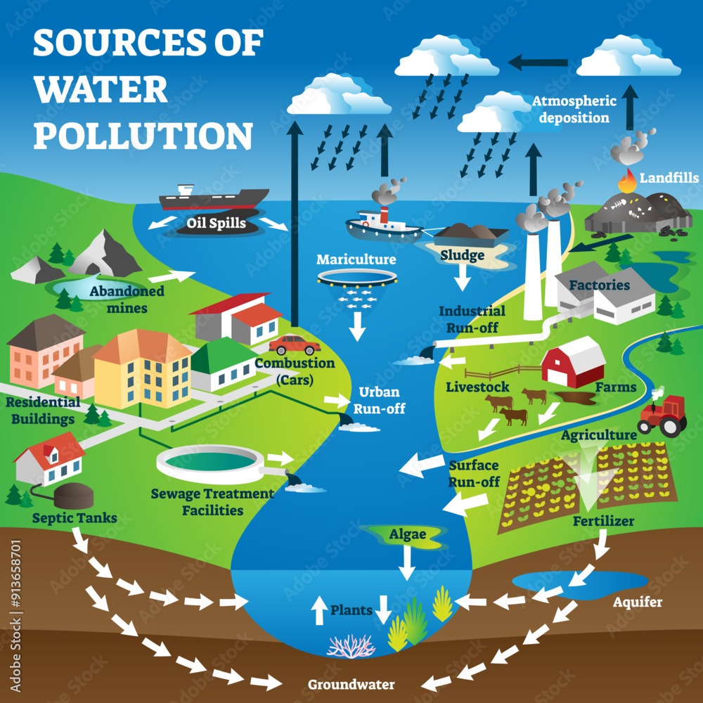 Sources of water pollution as freshwater contamination causes. Labeled ...