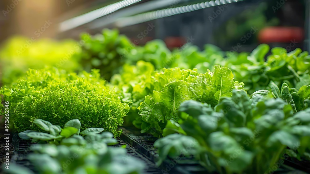 Lush green leafy vegetables growing under controlled lights, perfect ...