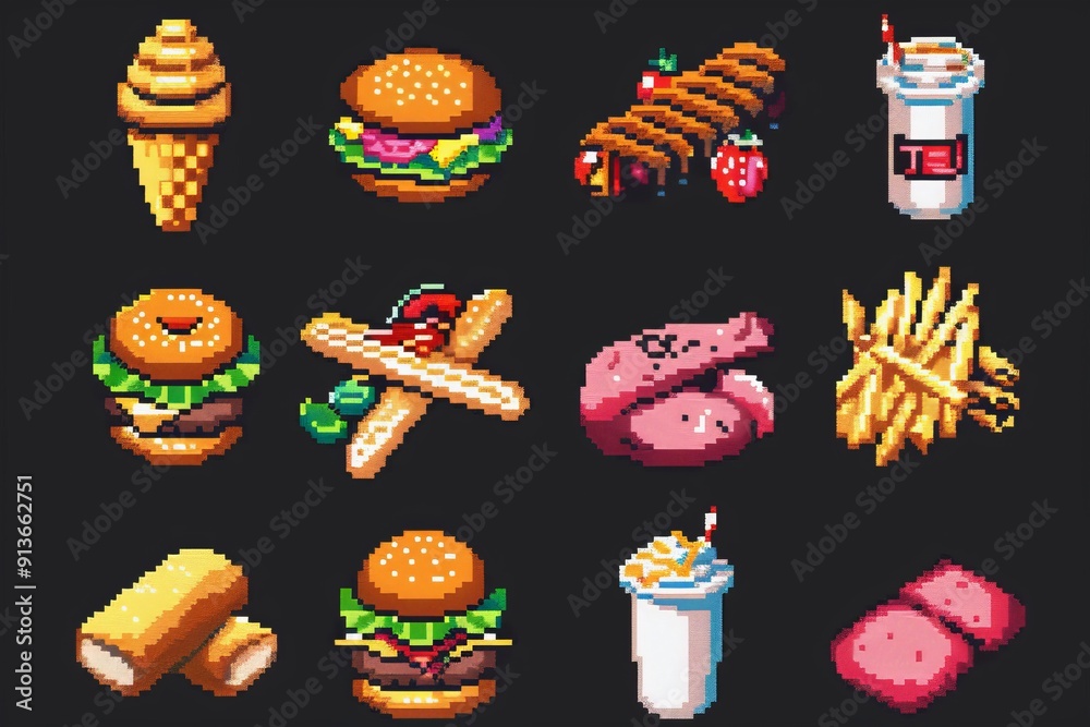 Food pixel art 80s style icons element design stickers, logo, menu ...