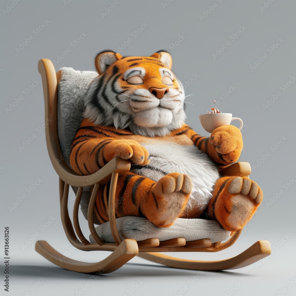 3d , cute chubby fluffy tiger , a contented expression, Lying on the ...