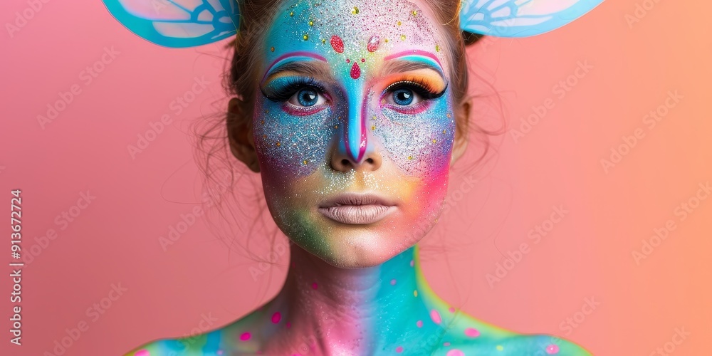 colorful body paint, fantasy portrait of a woman with blue eyes, blue ...