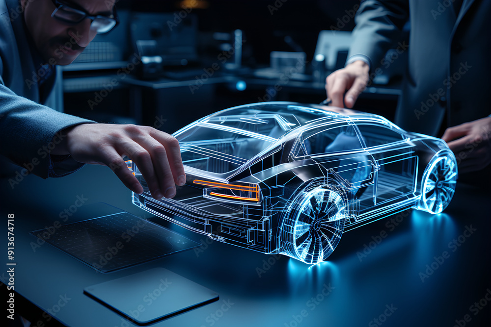 Car Design Engineer Works Projecting 3D Holographic Model of Electric ...