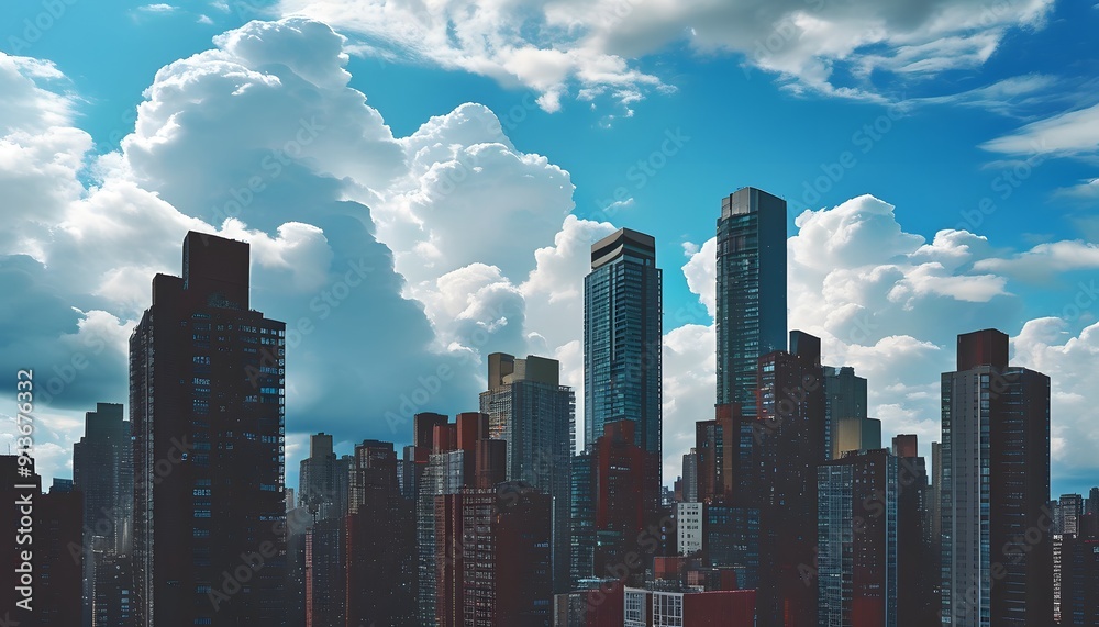 The city's tall buildings and clouds complement each other, showing a ...