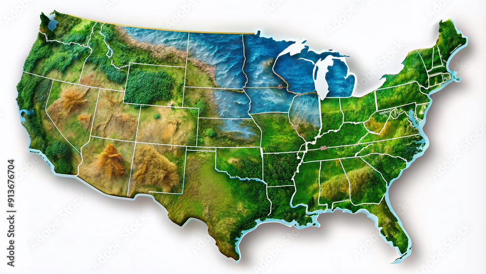 Aerial view of the United States map with rounded edges, showcasing its ...