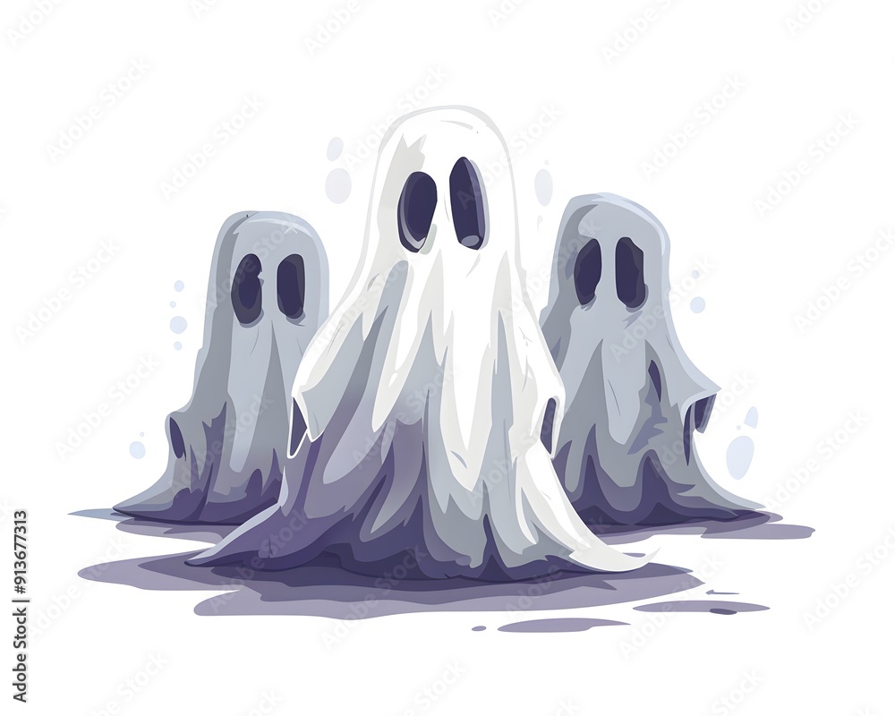 Illustration of three cartoonish ghosts with white sheets and eerie ...