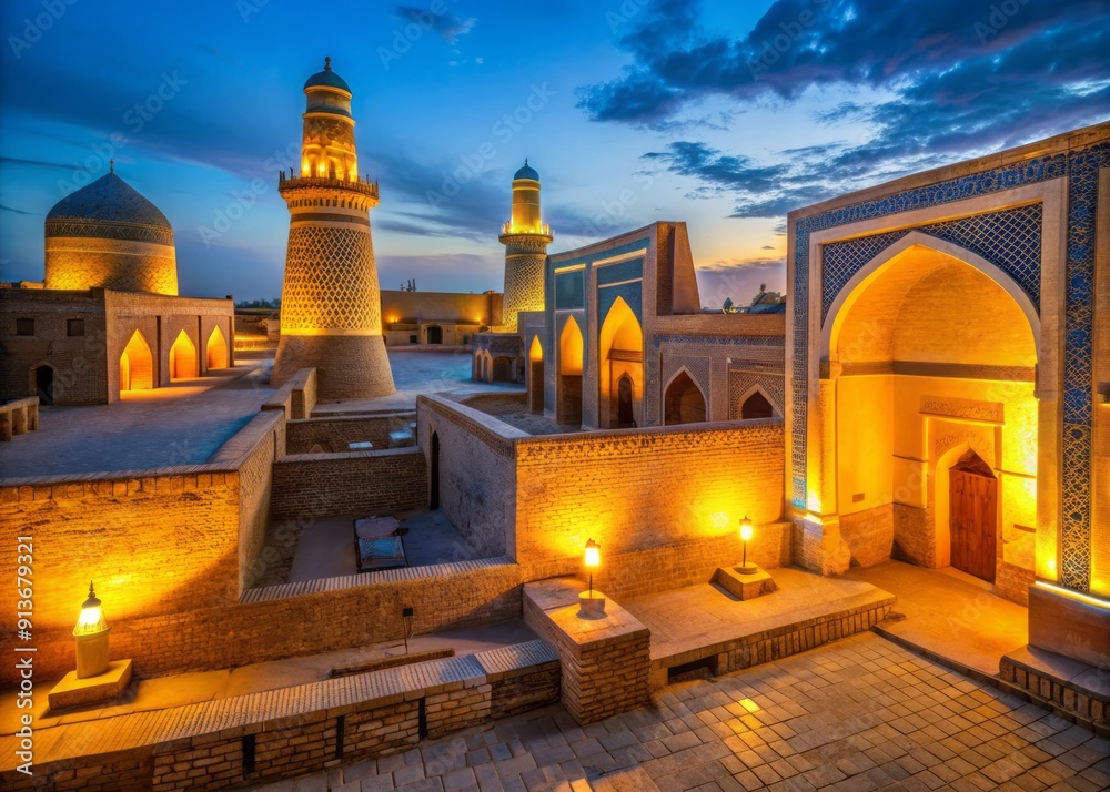 Illuminated ancient brick architecture of mausoleums and madrasahs in ...