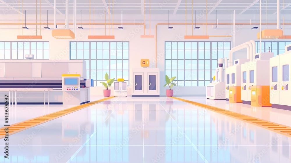 Factory interior, conveyor belts and machines, cartoon style, bright ...