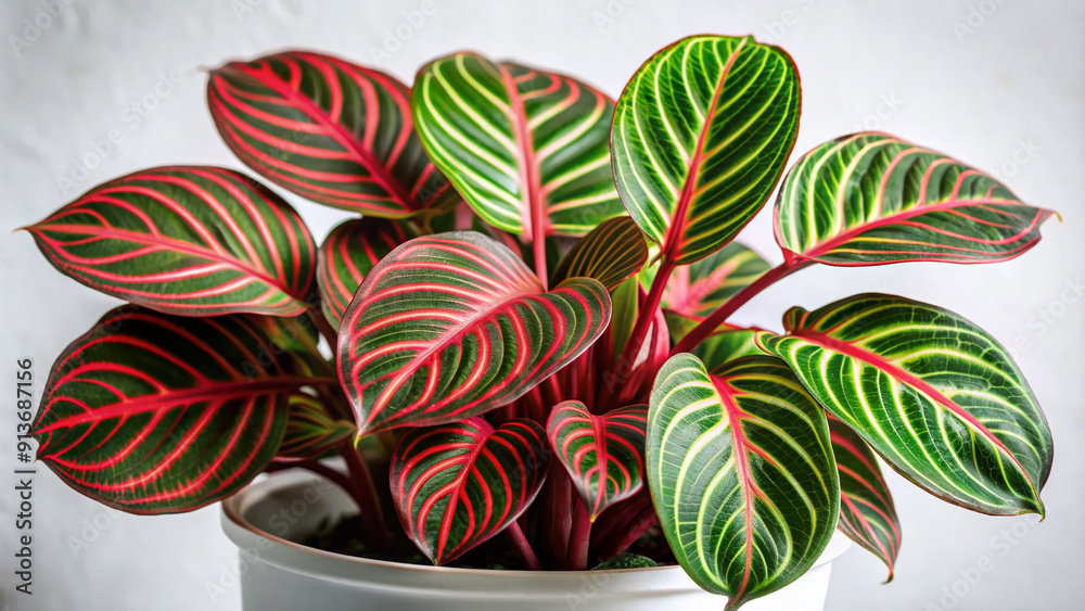 Vibrant red prayer plant with intricate white veins and wavy edges sits ...