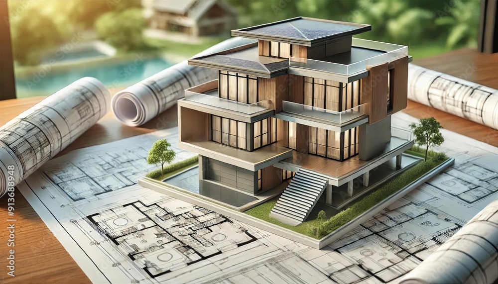 Realistic architectural model on blueprints, modern house design, real ...